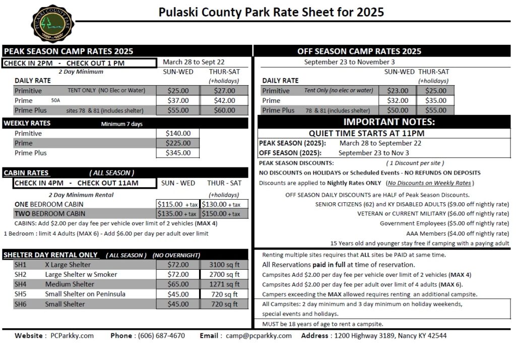 2025 Rate Sheet | Pulaski County Park